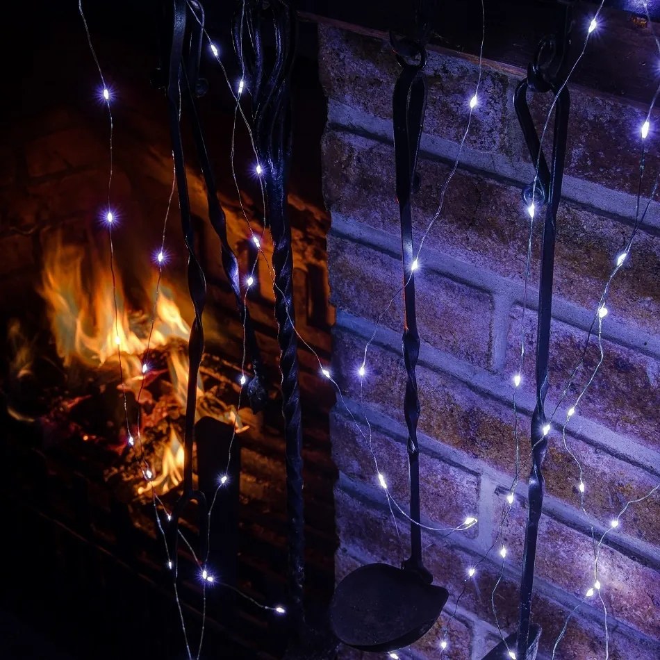 LED světelný řetěz, kapičky, 12 pramenů × 1,5 m , venkovní, ledově bílá, 180 diod, stříbrný kabel, IP44, vč. zdroje