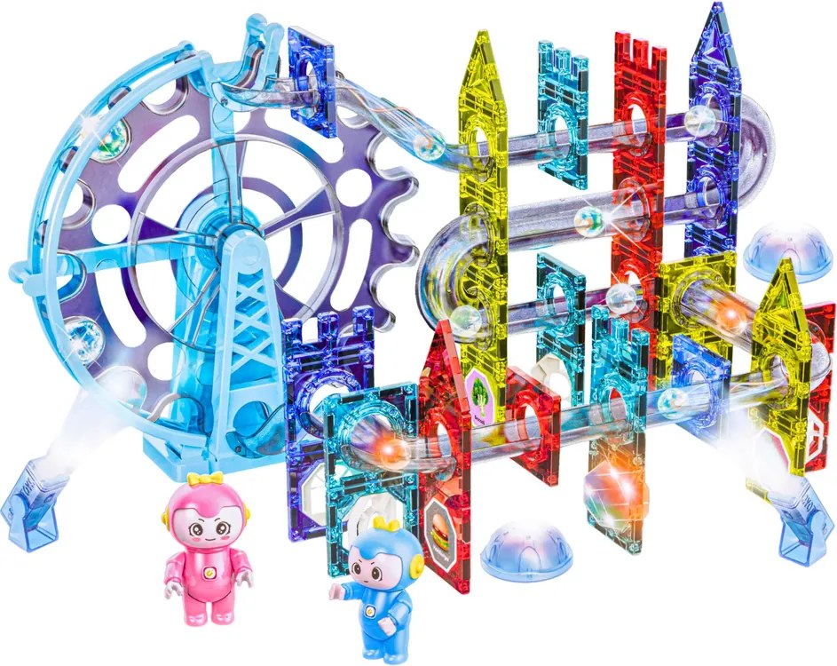 LEAN Toys Magnetické prostorové kostky, kuličková dráha, postavičky, svítící, 120 ks.