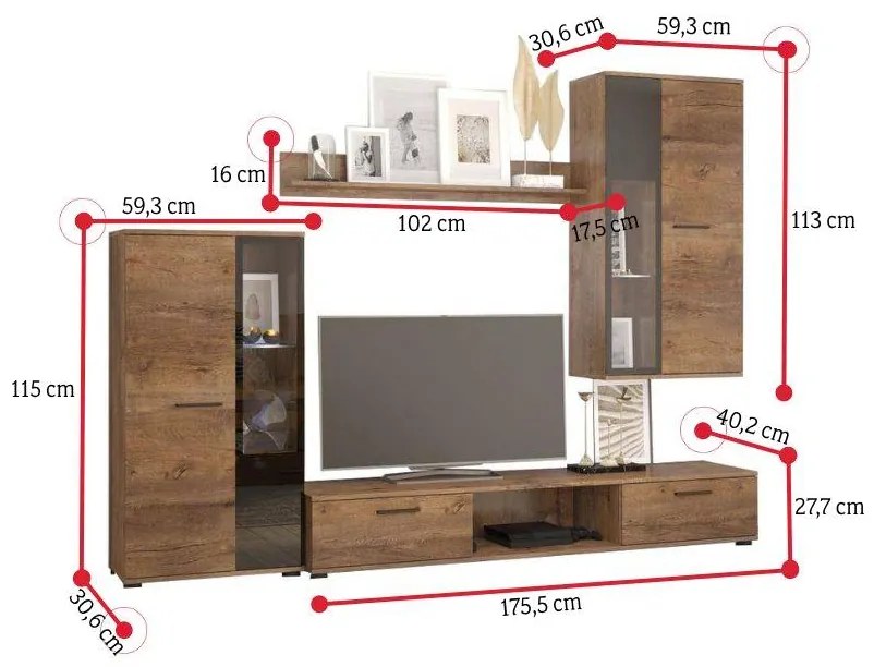 Obývací stěna SALSA, 241x180x40,5, old style/matera + LED