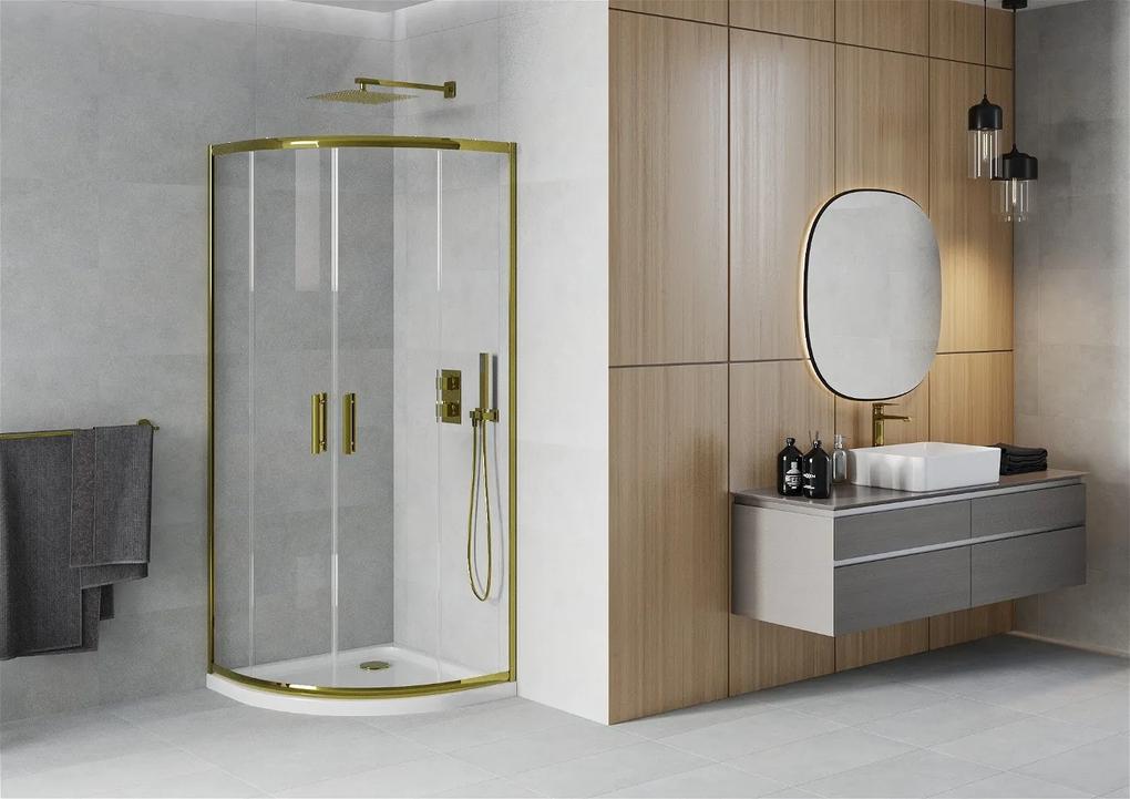 Mexen Rio, čtvrtkruhový sprchový kout s posuvnými dveřmi 80 (dveře) x 80 (dveře) x 190 cm, 5mm čiré sklo, zlatý profil + bílá sprchová vanička SLIM, 863-080-080-50-00-4110G