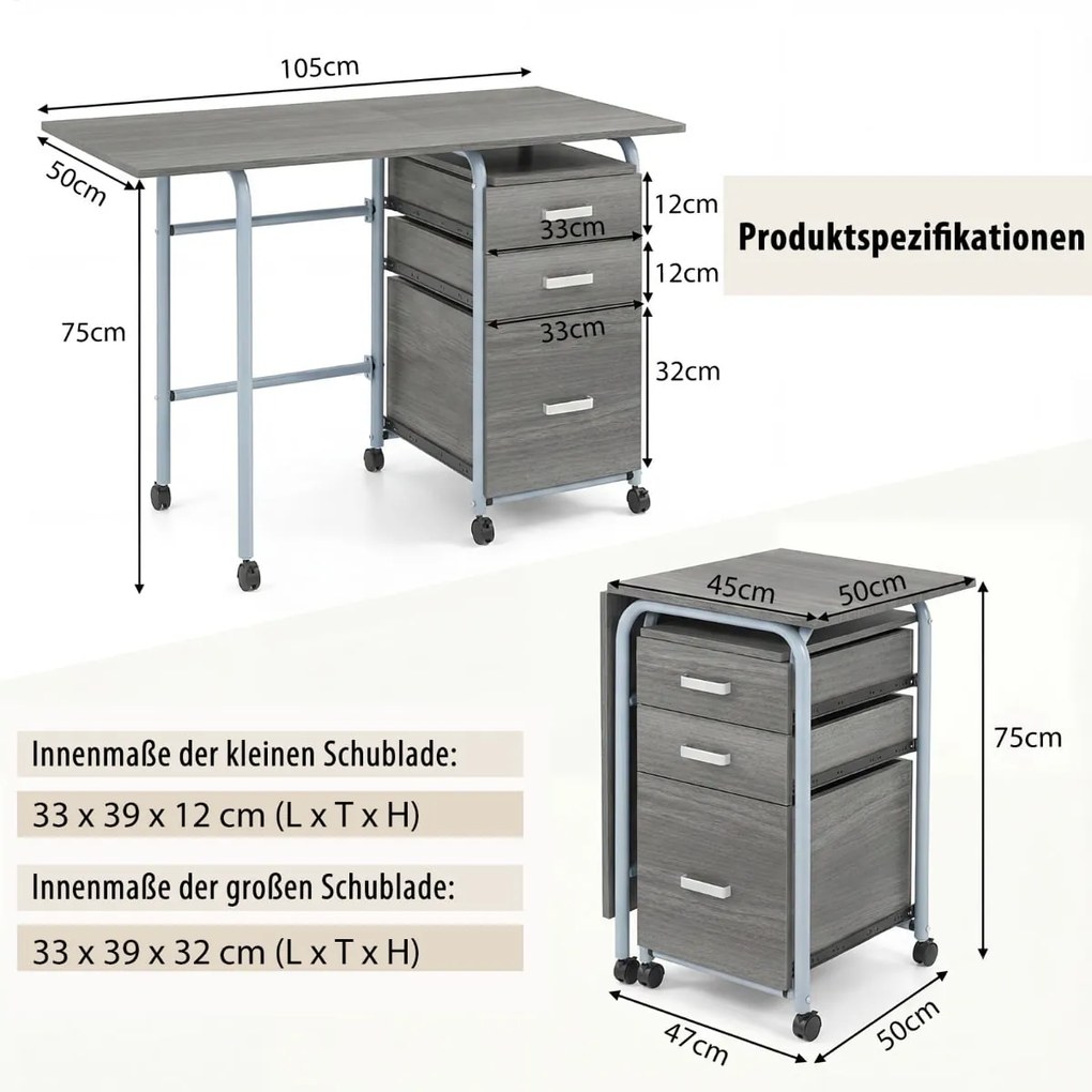 Costway Skládací počítačový stůl se 3 zásuvkami a kolečky Prostorově