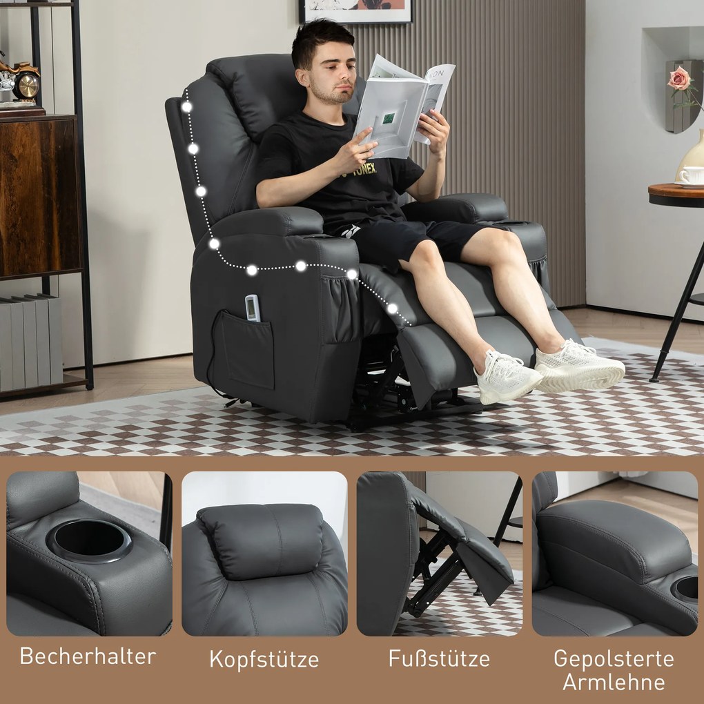 HOMCOM Relaxační křeslo s masážní funkcí, elektrické TV křeslo s polohovatelnou funkcí, masážní křeslo s dálkovým ovládáním, držák na nápoje| Aosom