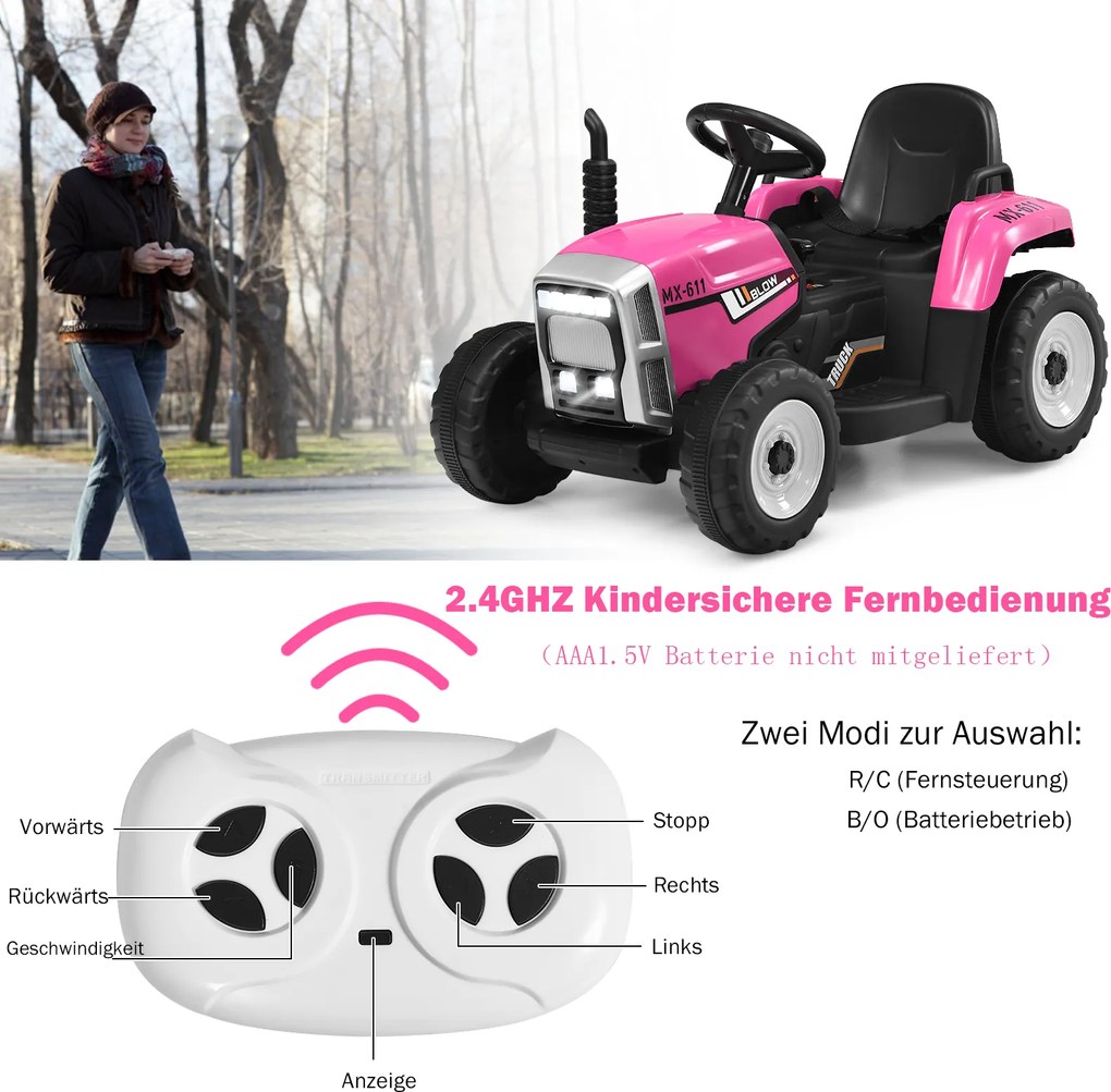 Costway 12 V dětský traktor s přívěsem elektrické autíčko – 135 × 51 × 53 cm