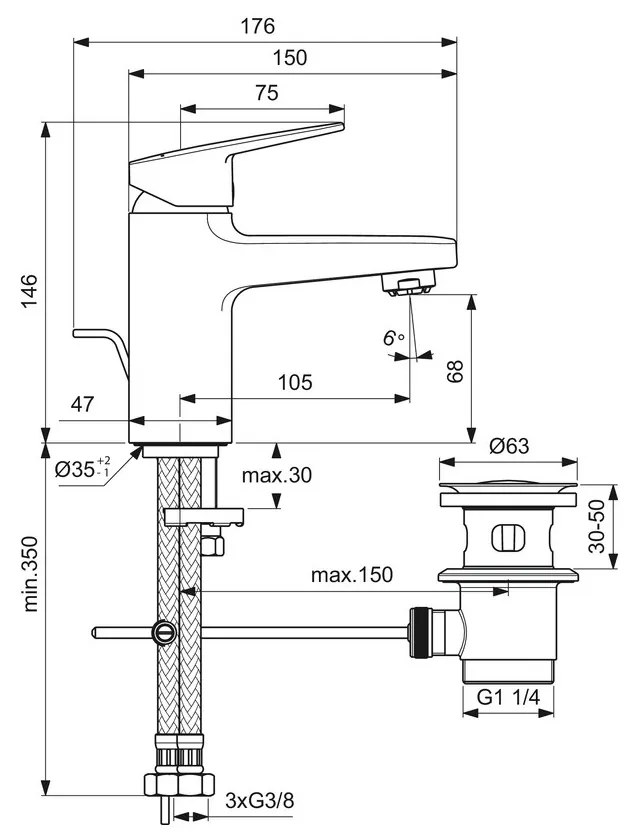 Ideal Standard Ceraplan - Umyvadlová baterie nízkotlaká s kovovou odtokovou garniturou, chrom BD217AA