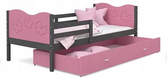 Dětská postel MAX P 80x160cm s šedou konstrukcí v růžové barvě s motivem motýlků