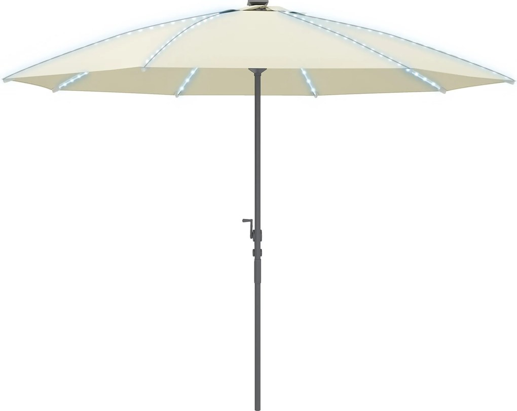 Zahradní slunečník Outsunny s LED světly Ø300x256 cm - slunečník s klikou a UV50+ ochranou s hliníkovou tyčí pro terasy, bazény a pláže v krémové barv