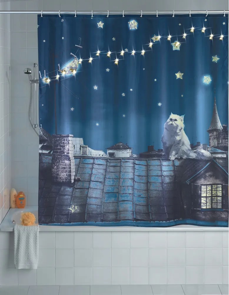 Sprchový závěs, textilní MOON CAT s osvětlením LED, 180 x 200 cm, WENKO