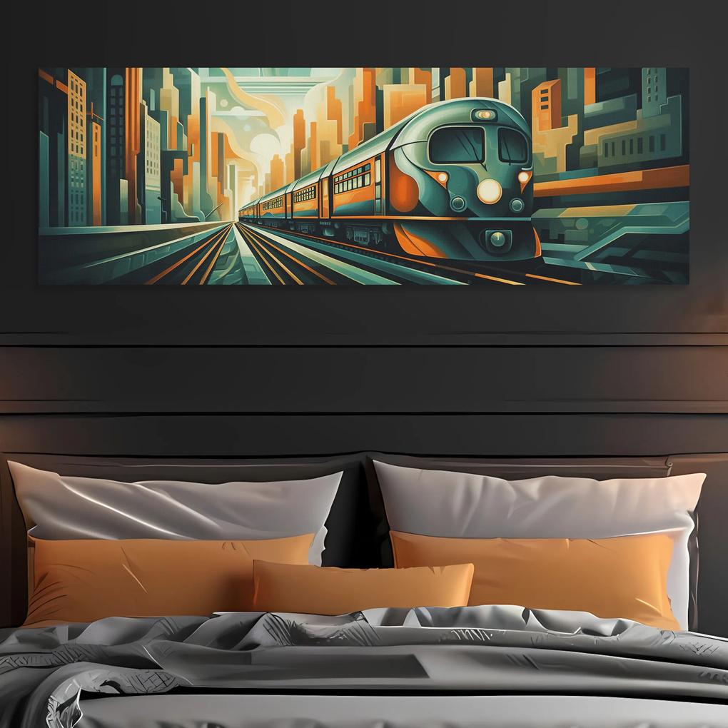Obraz na plátně - 1960, Příměstský vlak projíždí městem, abstrakce FeelHappy.cz Velikost obrazu: 150 x 50 cm