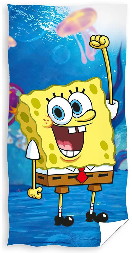 Carbotex Dětská plážová osuška SPONGEBOB VESELÁ HOUBA, modrá, froté, 70x140cm