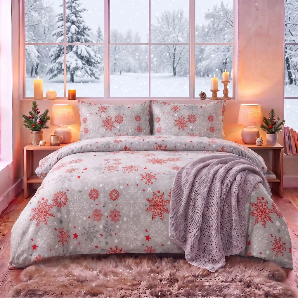 Kvalitex Vánoční flanelové povlečení VLOČKY červenošedé 1x 140/200, 1x 70/90cm