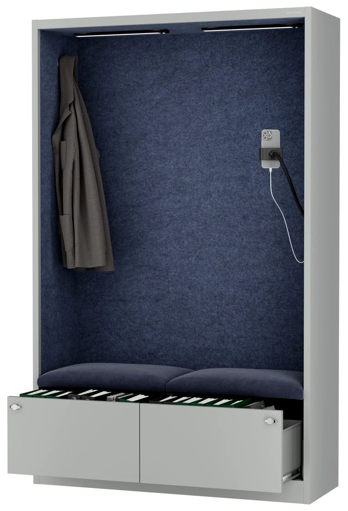 Kancelářská akustická kabina se sedátkem a USB-C portem, korpus šedý / sedák námořnická modrá, 1150 mm: SALLY MentalBox