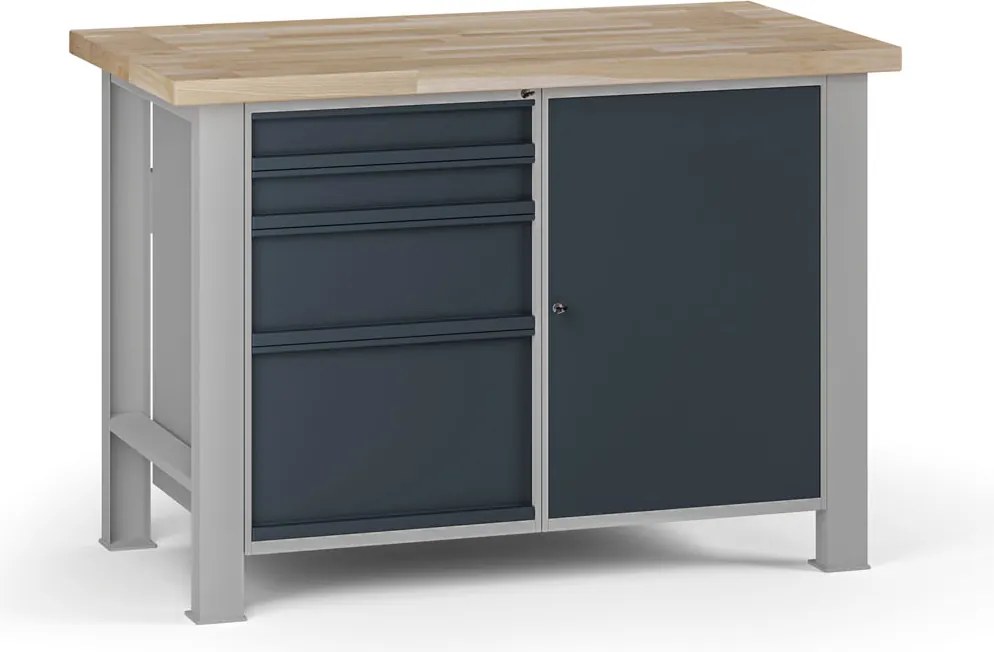Dílenský pracovní stůl G7, buková spárovka, 1200 x 685 x 840 mm, 1x skříňka, 4 zásuvky, grafit