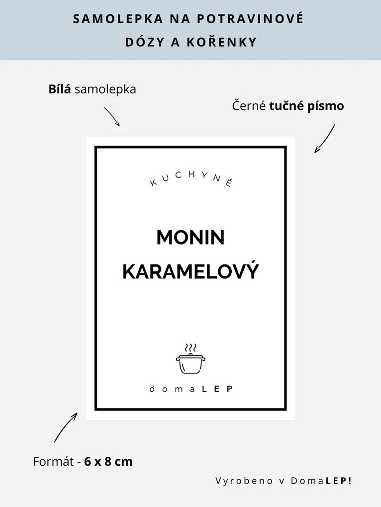 Samolepka na láhev MONIN KARAMELOVÝ 6 x 8 cm – bílá vinylová, voděodolná, omyvatelná samolepka na dózy, tučné písmo