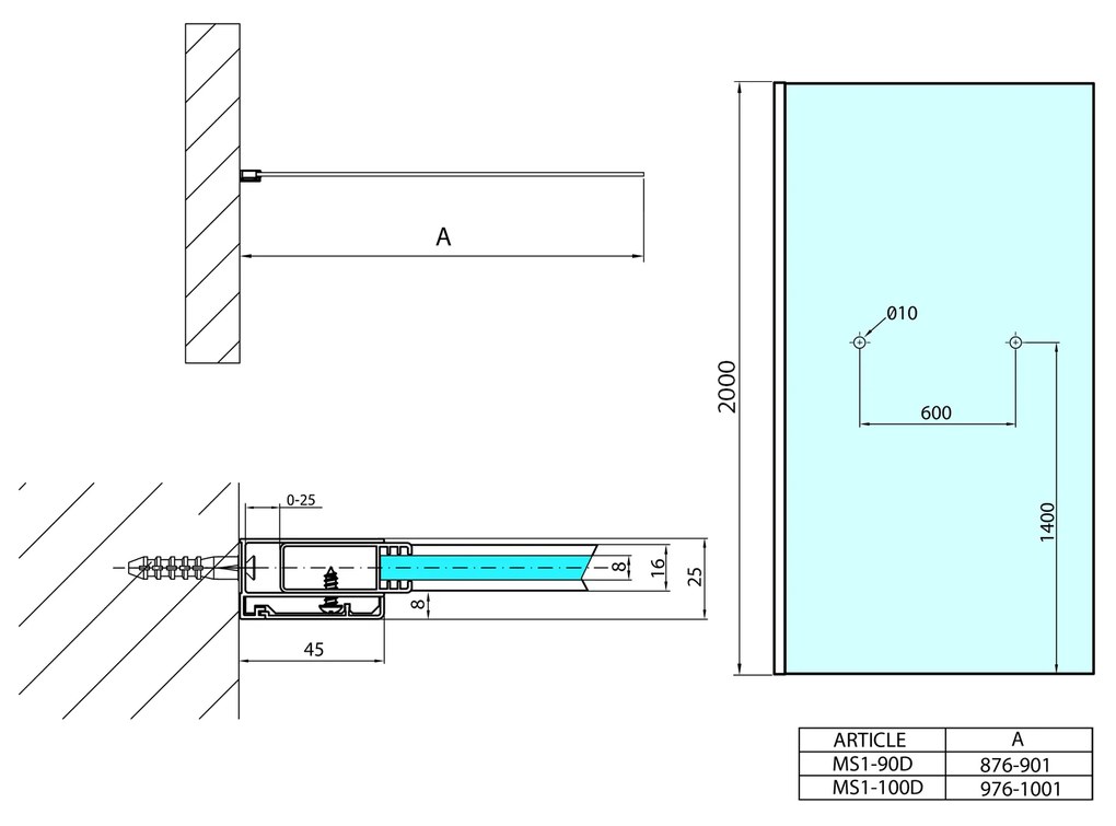 Polysan MODULAR SHOWER zástěna pevná 100 cm MS1-100-D k instalaci na zeď s otvory