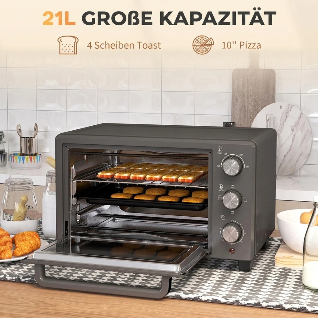 HOMCOM Mini trouba 21L 1400W 60 min. časovač, malá trouba s nastavitelnou dobou pečení 100 °C-230 °C, mini trouba s pečicím plechem, drátěný rošt, ne…