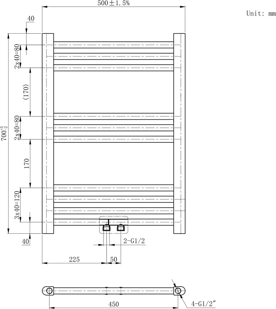 Gamma Simple, topné těleso 500x700 mm, 275 W, zlatá matná, GMA-SIMP-7050-BGD