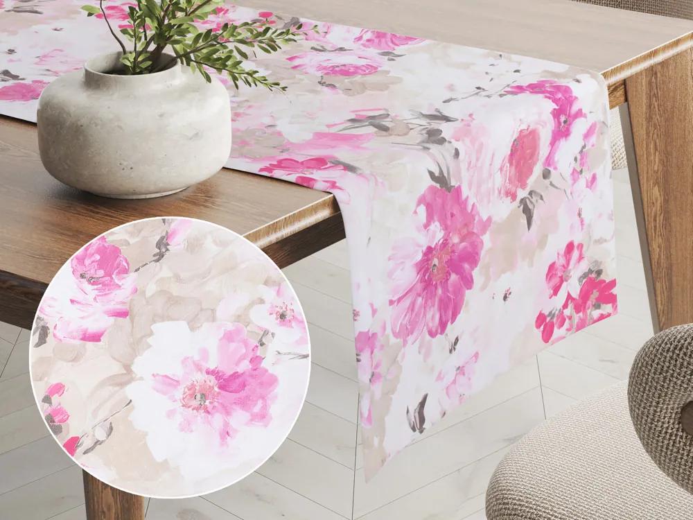 Biante Dekorační běhoun na stůl PM-030 Růžové malované květy 20x140 cm