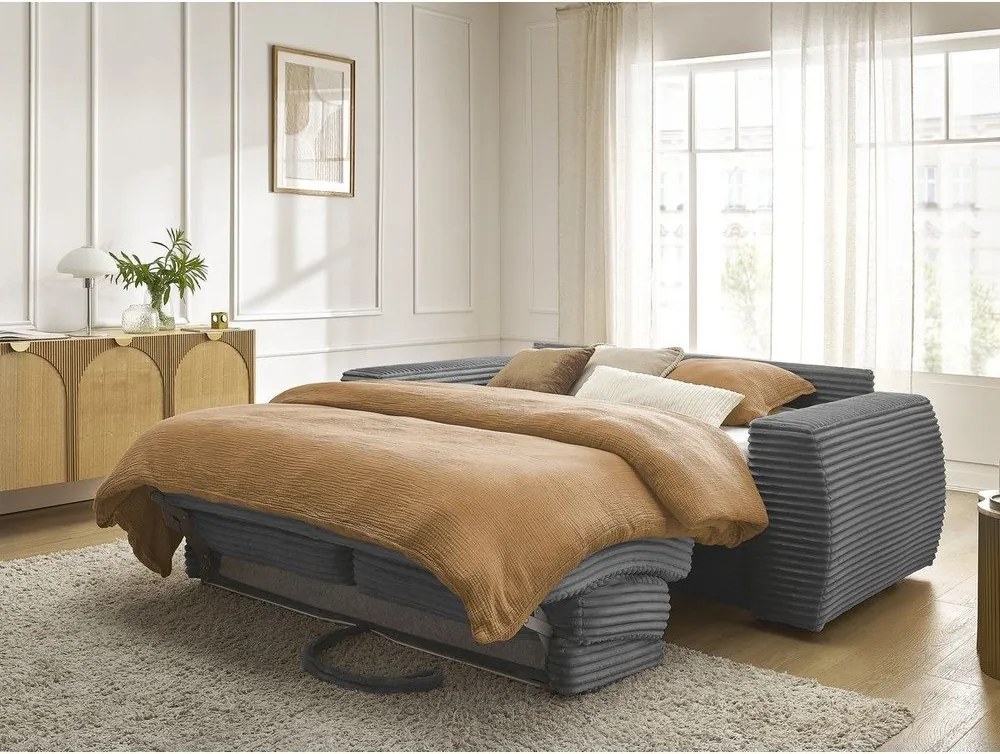 Tmavě šedá manšestrová pohovka na každodenní spaní/rozkládací 220 cm Hugo – Bobochic Paris