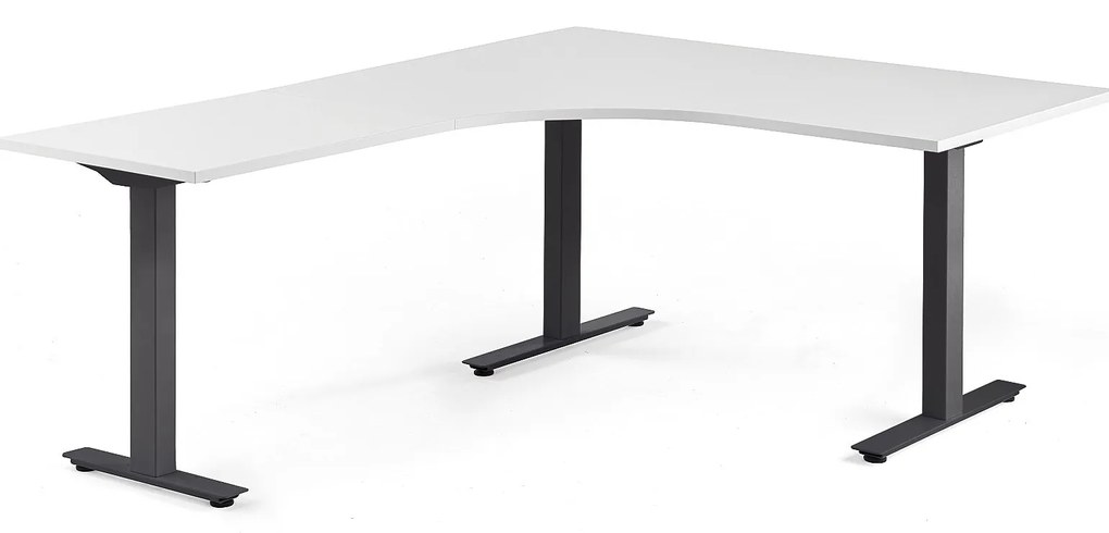 AJ Produkty Rohový psací stůl MODULUS, T-nohy, 1600x2000 mm, černý rám, bílá