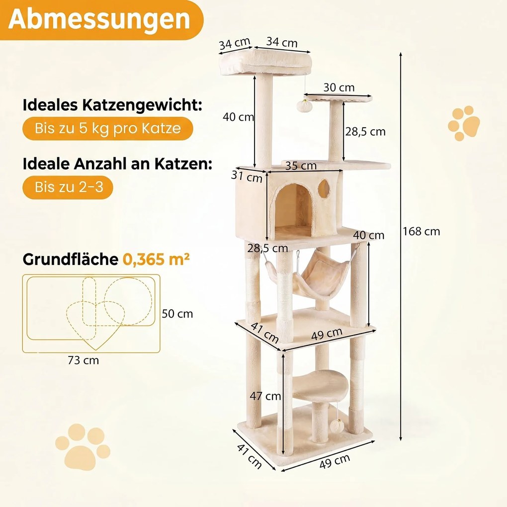 Costway Kočičí strom 168 cm Vícepatrové škrabadlo s domečkem pro kočky