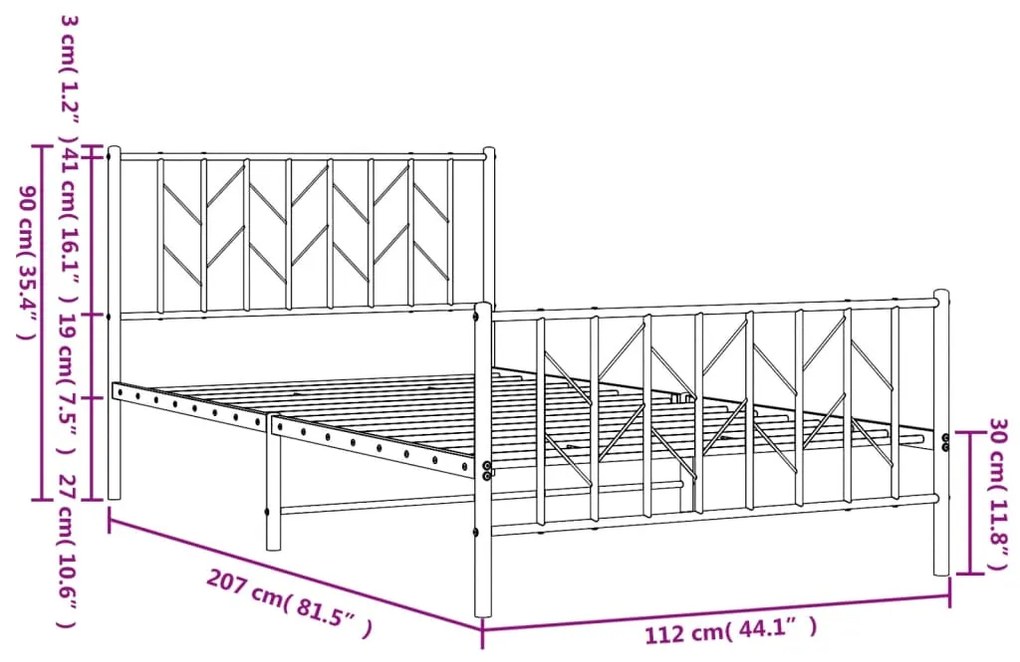 Kovový rám postele s hlavovým a nožním čelem bílý 107 x 203 cm