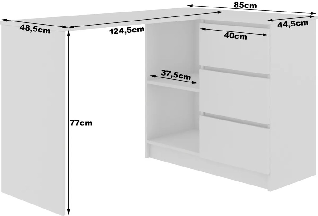 Rohový psací stůl B16 124 cm bílý/černý lesk pravý