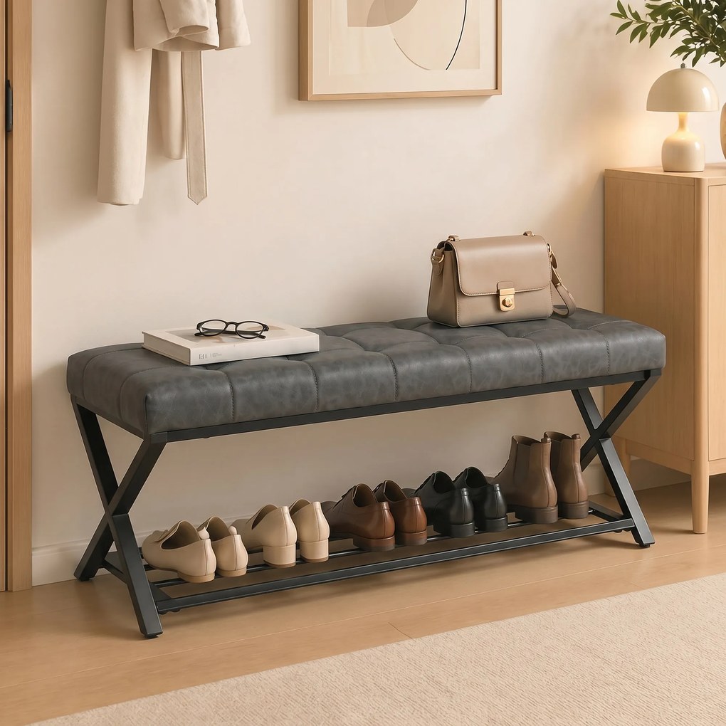 HOMCOM čalouněná lavice na boty s úložným prostorem — průmyslový X-rám z oceli, PU kůže, nosnost 220 kg, 112 × 37 × 47 cm, tmavě šedá