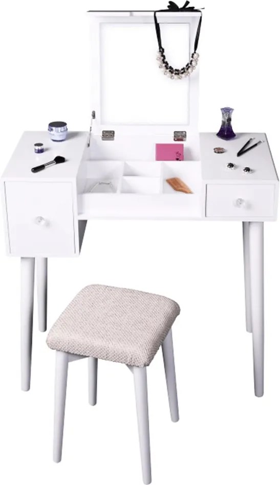 Toaletní stolek s úložným prostorem a taburetem, bílá/hnědá, MARVEL