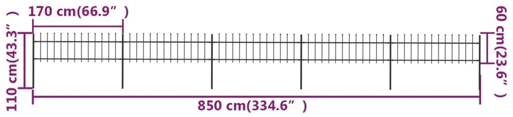 vidaXL Marketos Zahradní plot s kopím nahoře ocelový 892,5 x 60 cm černý
