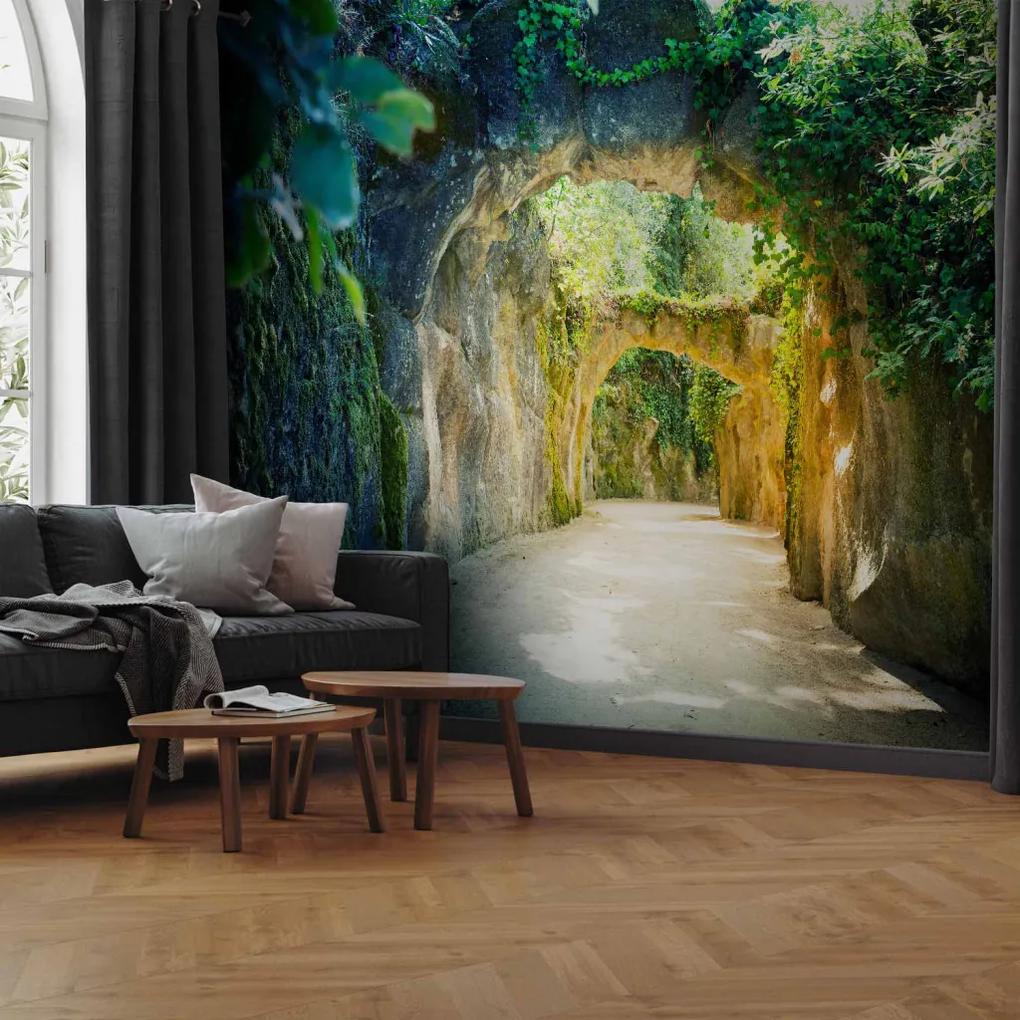 Fototapeta Koridor uprostřed přírody - krajina kamenného tunelu obklopená listím