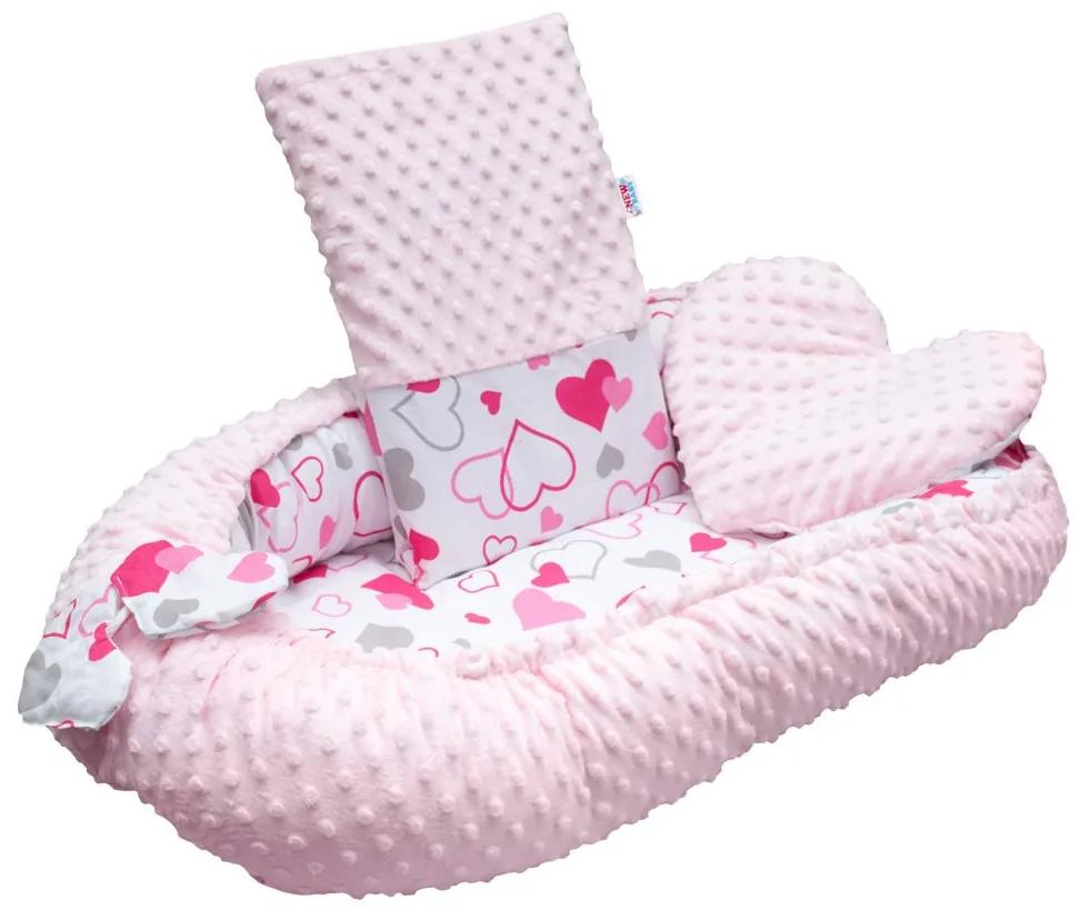 Luxusní hnízdečko s polštářkem a peřinkou New Baby z Minky růžová srdíčka