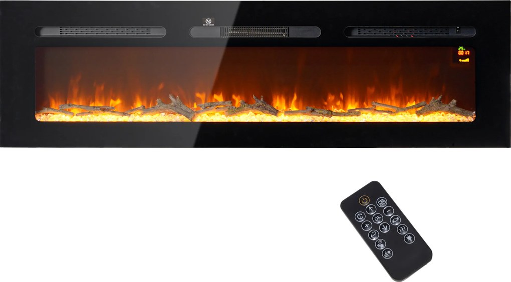 HOMCOM Elektrický krb s nástěnným držákem a dálkovým ovládáním, umělé polena a krystaly, výkon 1800W, černá 820-422V93BK