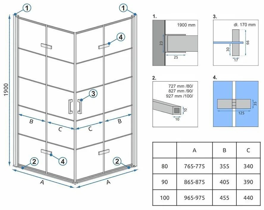 Obdélníkový sprchový kout REA MOLIER BLACK DOUBLE 80x90 cm, černý/transparent - bez vaničky