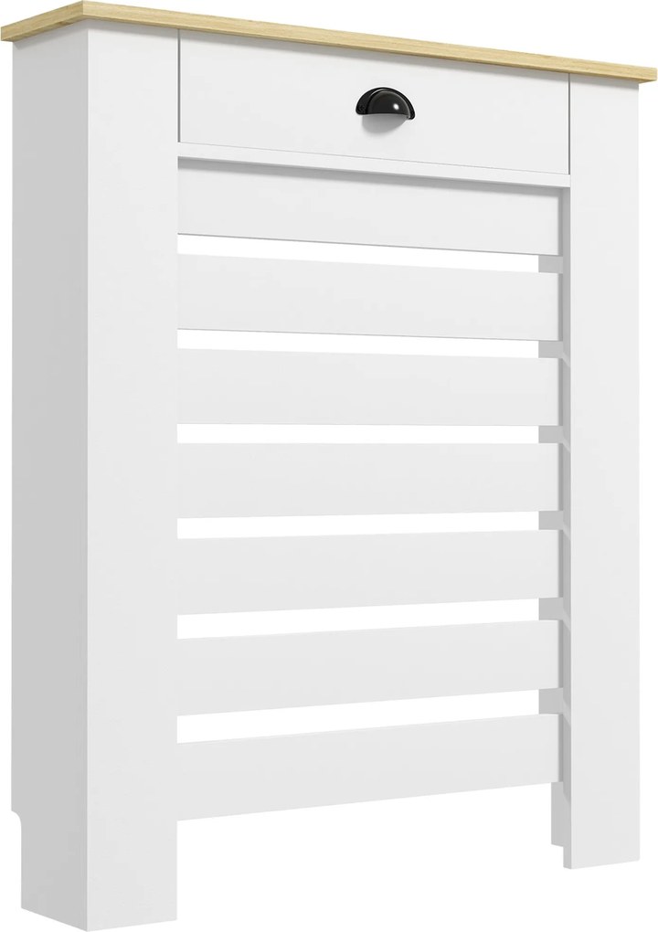HOMCOM Kryt na radiátor, Radiátorová skříň, Horizontální mřížka, se zásuvkou, pro obývací pokoj, ložnici, chodbu, Dřevo, 78 x 19 x 95,5 cm, Bílá