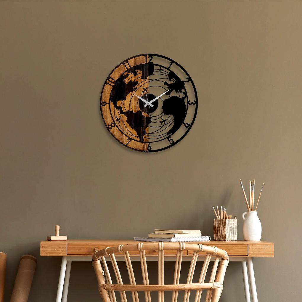 Wallexpert Dekorativní nástěnné dřevěné hodiny World Map, Ořech, Černá
