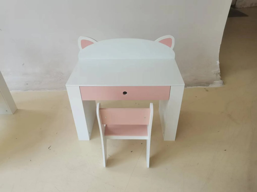 AIYAPLAY dětský stůl se židlí 2dílná dětská sezení s knihovnou a zásuvkou, design liška pro děti 3-8 let, bílo+růžové
