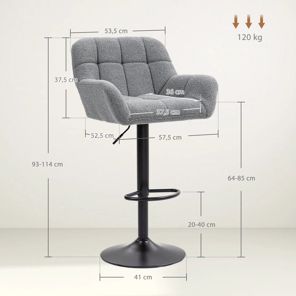 HOMCOM Barová židle Sada 2 kusů Retro design Výškově nastavitelná Fleece optika Šedá + Černá