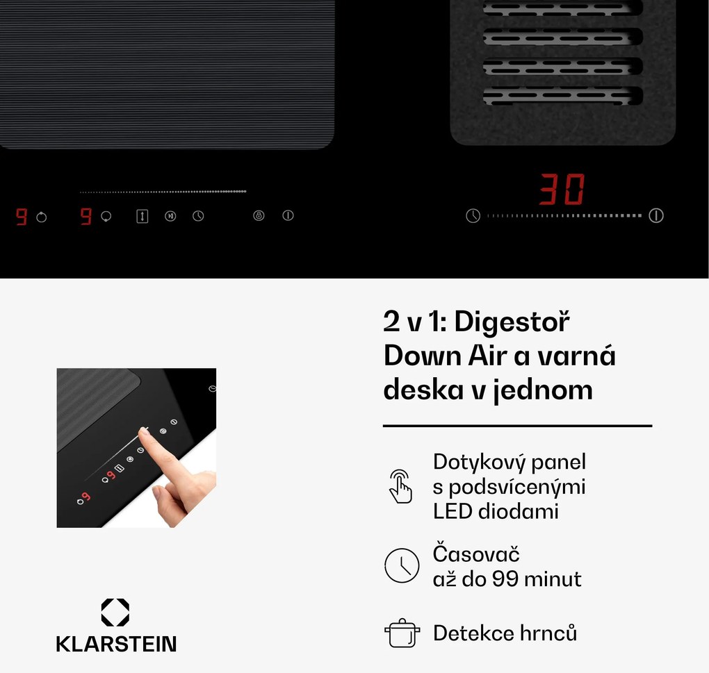 Klarstein Full House Down Air System, indukční sporák + odsavač par, 444 m³/h, třída energetické účinnosti A