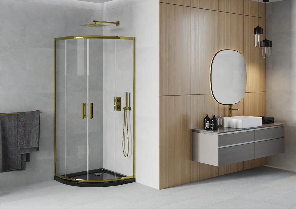 Mexen Rio, čtvrtkruhový sprchový kout s posuvnými dveřmi 80 (dveře) x 80 (dveře) x 190 cm, 5mm čiré sklo, zlatý profil + černá sprchová vanička SLIM, 863-080-080-50-00-4170G