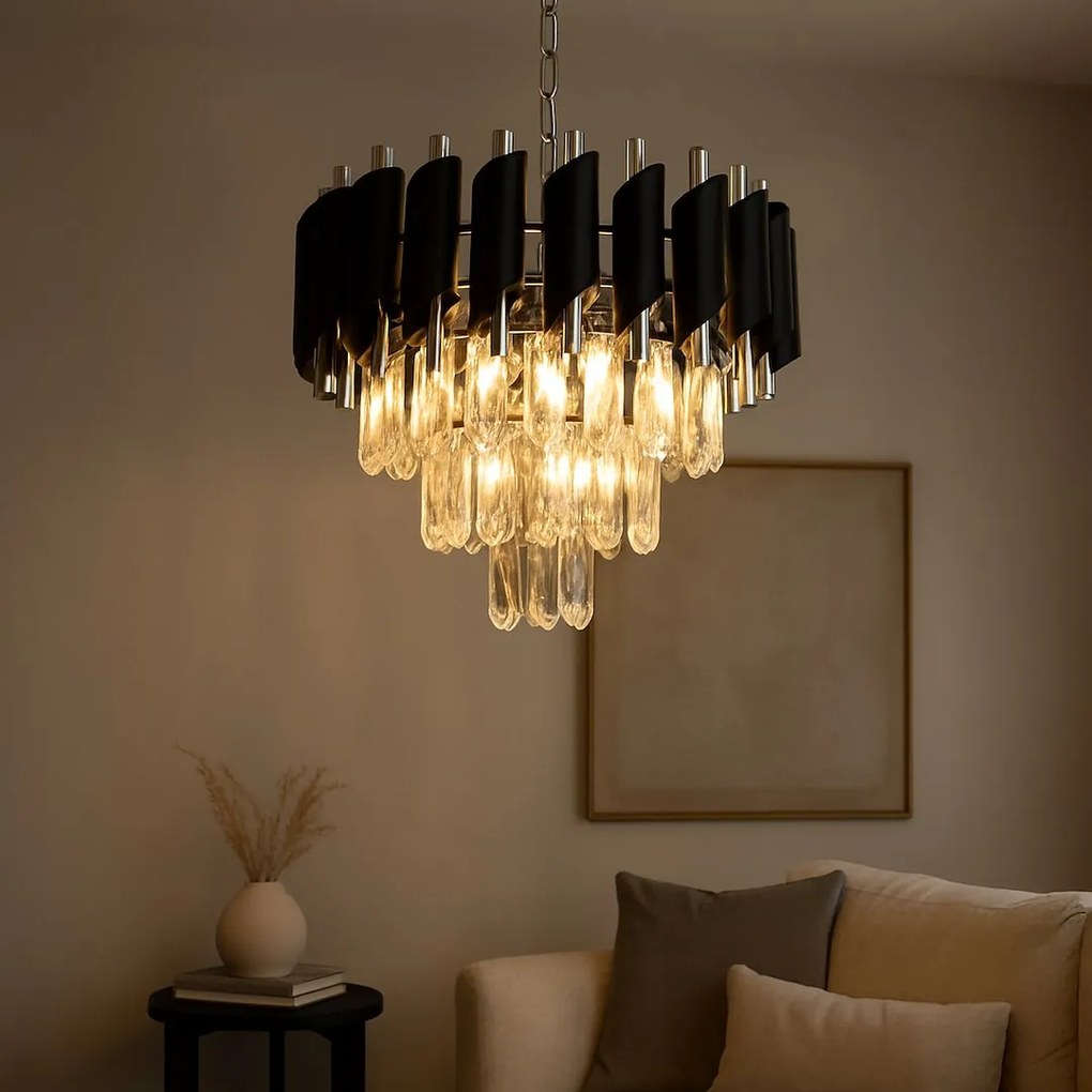 Lustr Cristal, 1x křišťálové/chromové/černé kovové stínítko, (fi 38cm), ch