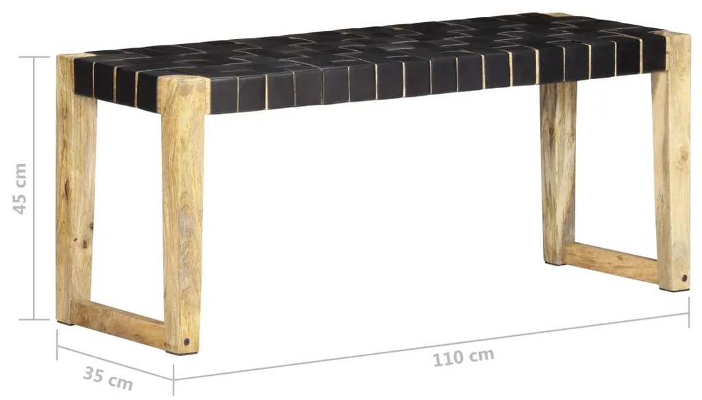 Lavice Allmeria - 110 cm - pravá kůže a masivní mangovníkové dřevo | černá