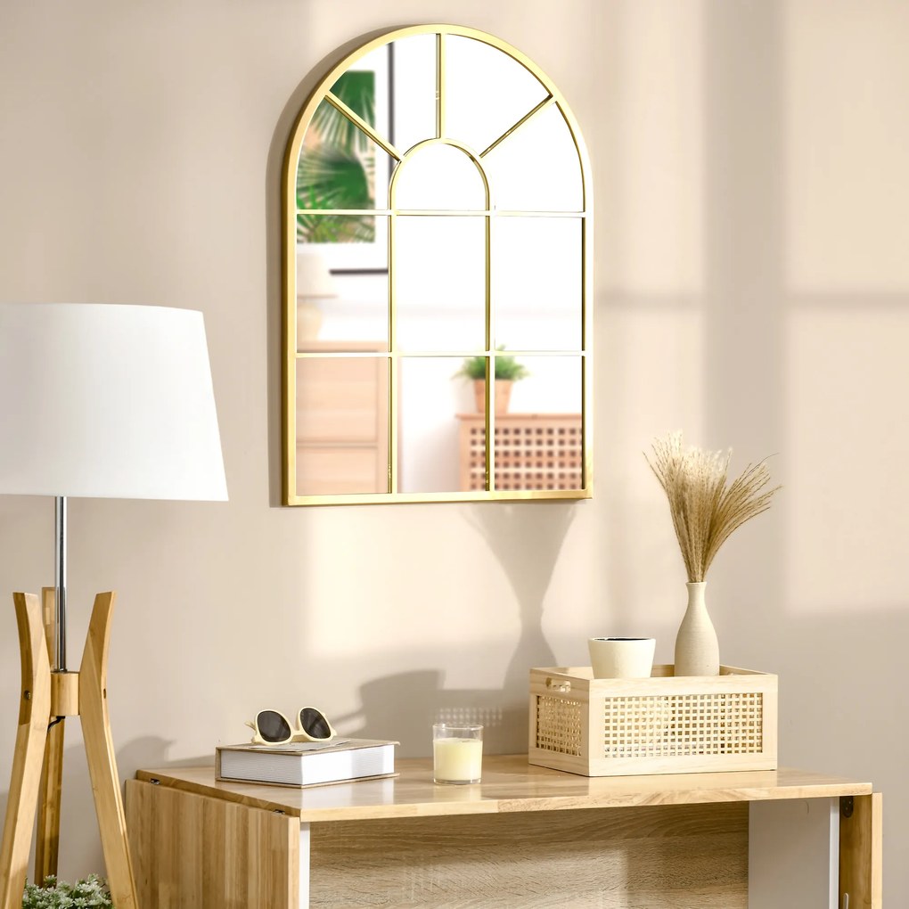 HOMCOM Nástěnné zrcadlo 70x50cm Zrcadlo do okna s kovovým rámem Závěsné zrcadlo do předsíně a dekorace Celoplošné zrcadlo ve zlaté barvě