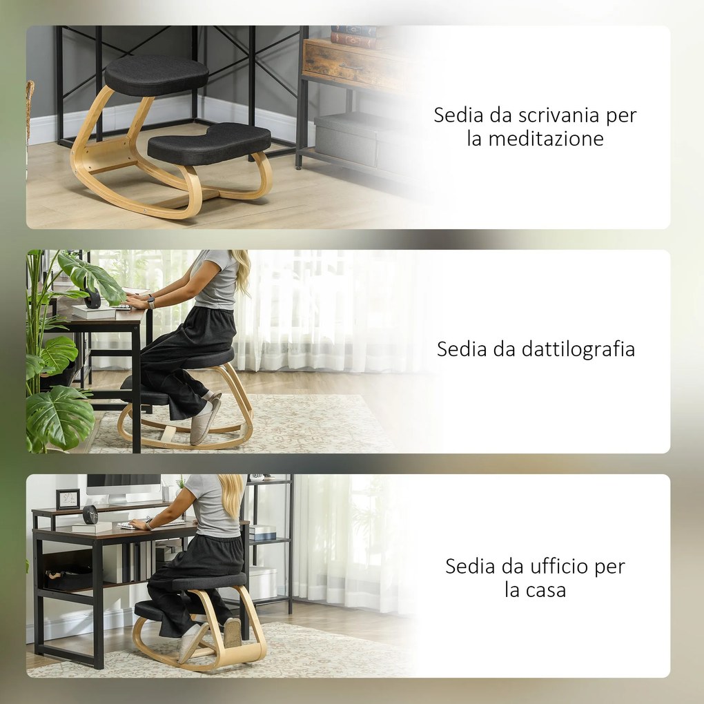 HOMCOM Ergonomická houpací kolenící židle v lněné efekt tkanině a z březového dřeva, 50x73x55 cm, Černá