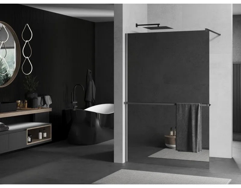 Mexen Kioto+, sprchová zástěna Walk-In s poličkou a věšákem 90 x 200 cm, 8mm sklo vzor zrcadlo, grafitový profil, 800-090-121-95-50