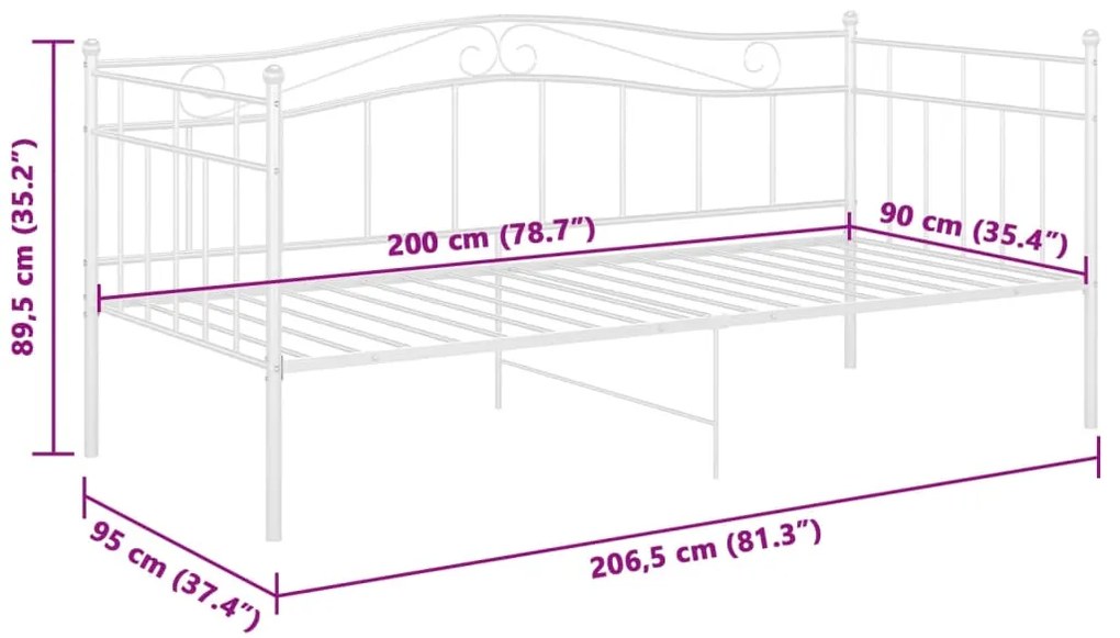 vidaXL Marketos Rám postele/pohovky bílý kovový 90 x 200 cm