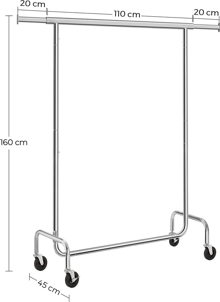 Stojan na oblečení z kovu s vysokou nosností na kolečkách, nosnost do 130 kg, délka 110-150 cm