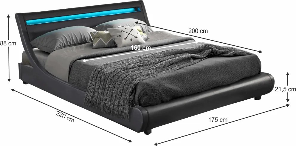 Manželská postel s RGB LED osvětlením, černá, 160x200, FELINA