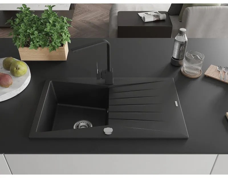 Mexen Cesar, granitový dřez 775x470x190 mm, 1-komorový, černá s chromovým sifonem a černá dřezová baterie Rita, 6514-77-670300-70
