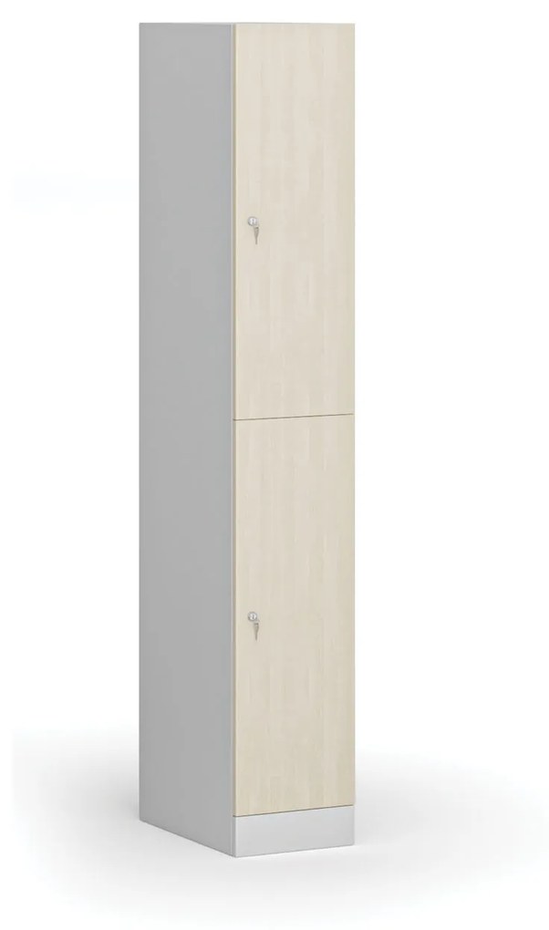 Šatní skříňka s úložnými boxy, 2 boxy, 1850 x 300 x 500 mm, cylindrický zámek, laminované dveře, buk