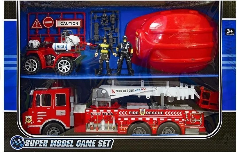 LEAN Toys Velká sada hasičů: hasičské auto, figurky, čtyřkolka, přilba pro děti
